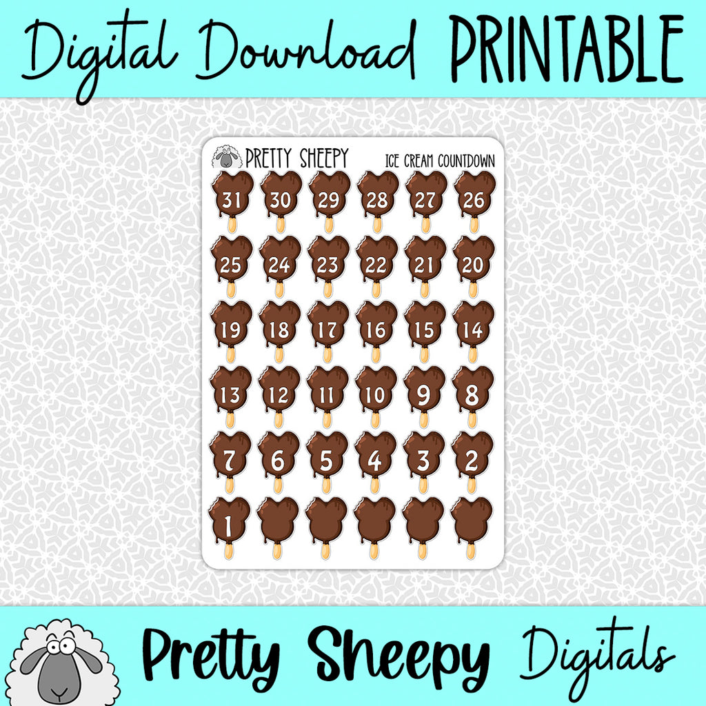 Ice Cream Countdown Printable Stickers PNG Digital Download – Pretty Sheepy